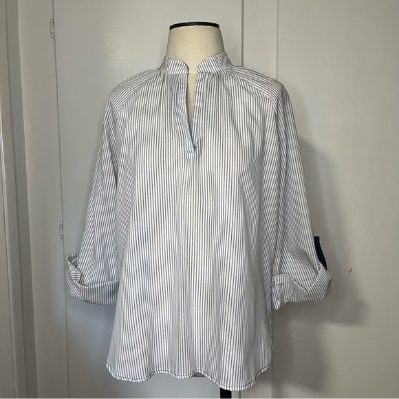 Tops | Vintage 7s Pinstripe Split Neck Tunic Top With Cuffed Sleeves ...